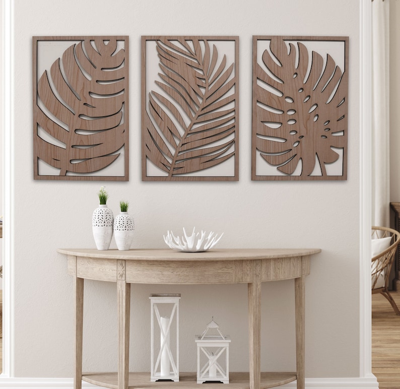 Tropical Leaves Wood Wall Art 3 Panel Set Monstera Wooden - Etsy