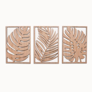 Tropical Leaves Wood Wall Art, 3 Panel Set, Monstera Wooden Leaf Wall ...