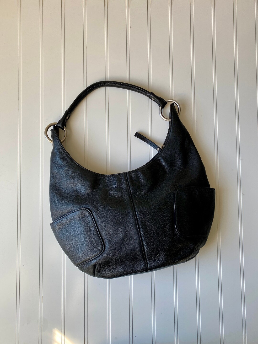 Vintage ‘hobo International’ Crescent Shape Black Leather Tote Bag With ...