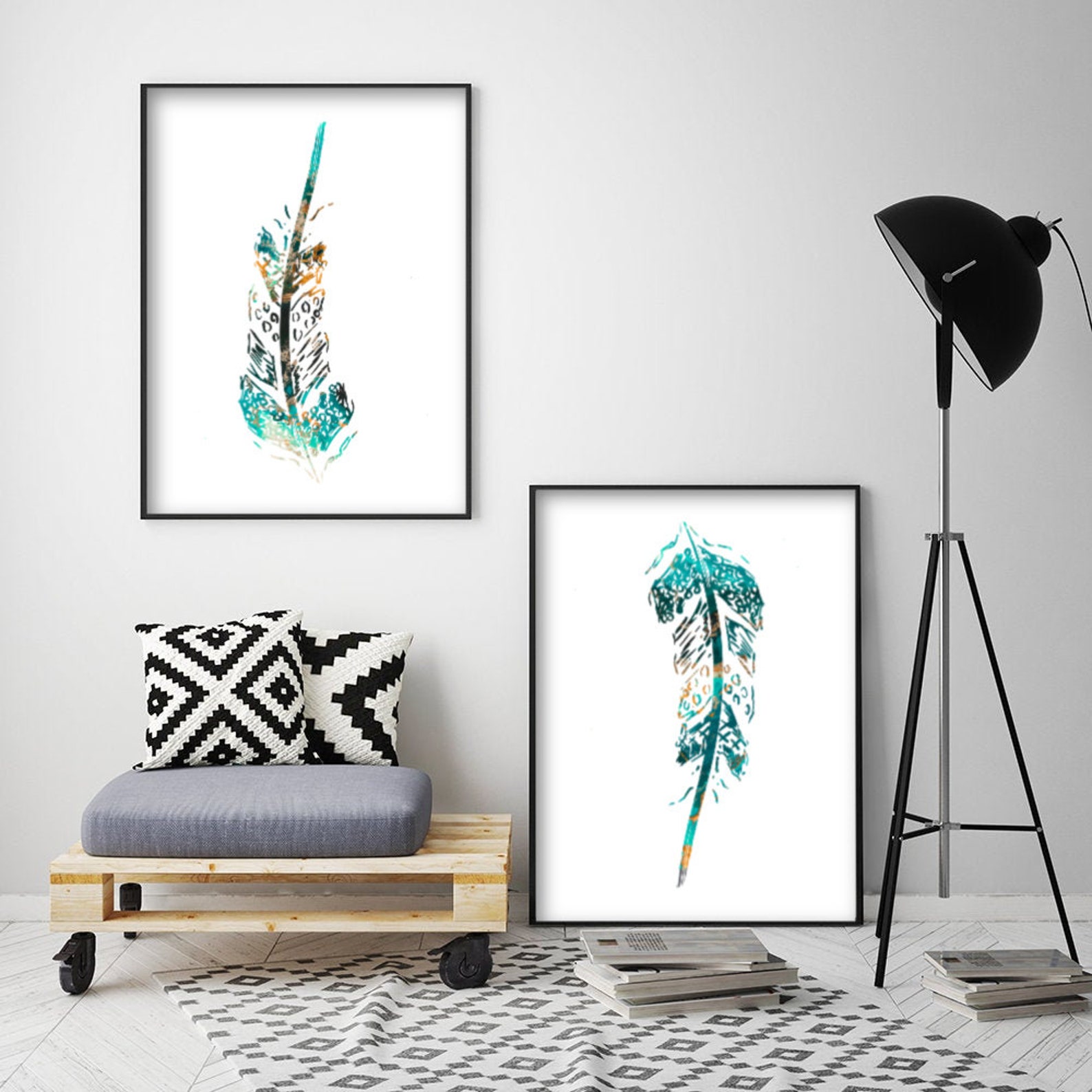 Feather Print Set Set of Prints Feather Prints Teal Prints - Etsy