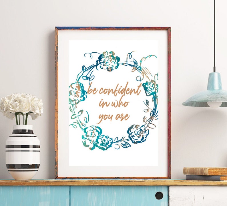 Be Confident Inspirational Quote Wall Art Blue and Gold - Etsy