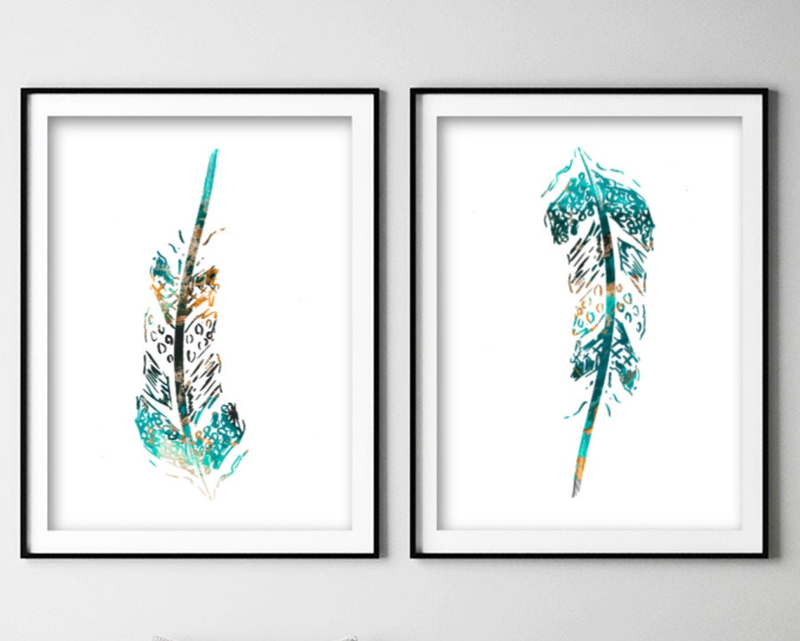 Feather Print Set Set of Prints Feather Prints Teal Prints - Etsy