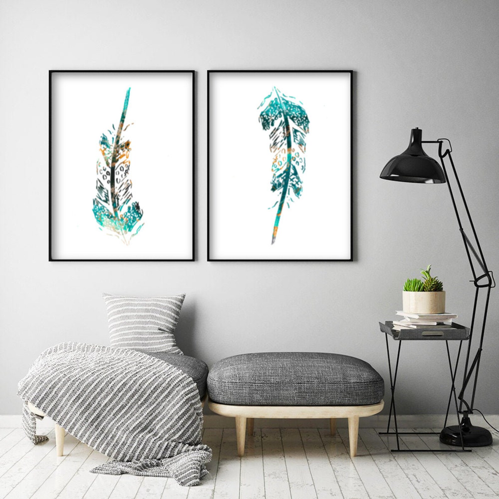 Feather Print Set Set of Prints Feather Prints Teal Prints - Etsy