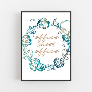 Office Sweet Office, Inspirational Quote Wall Art, Blue and Gold Print ...
