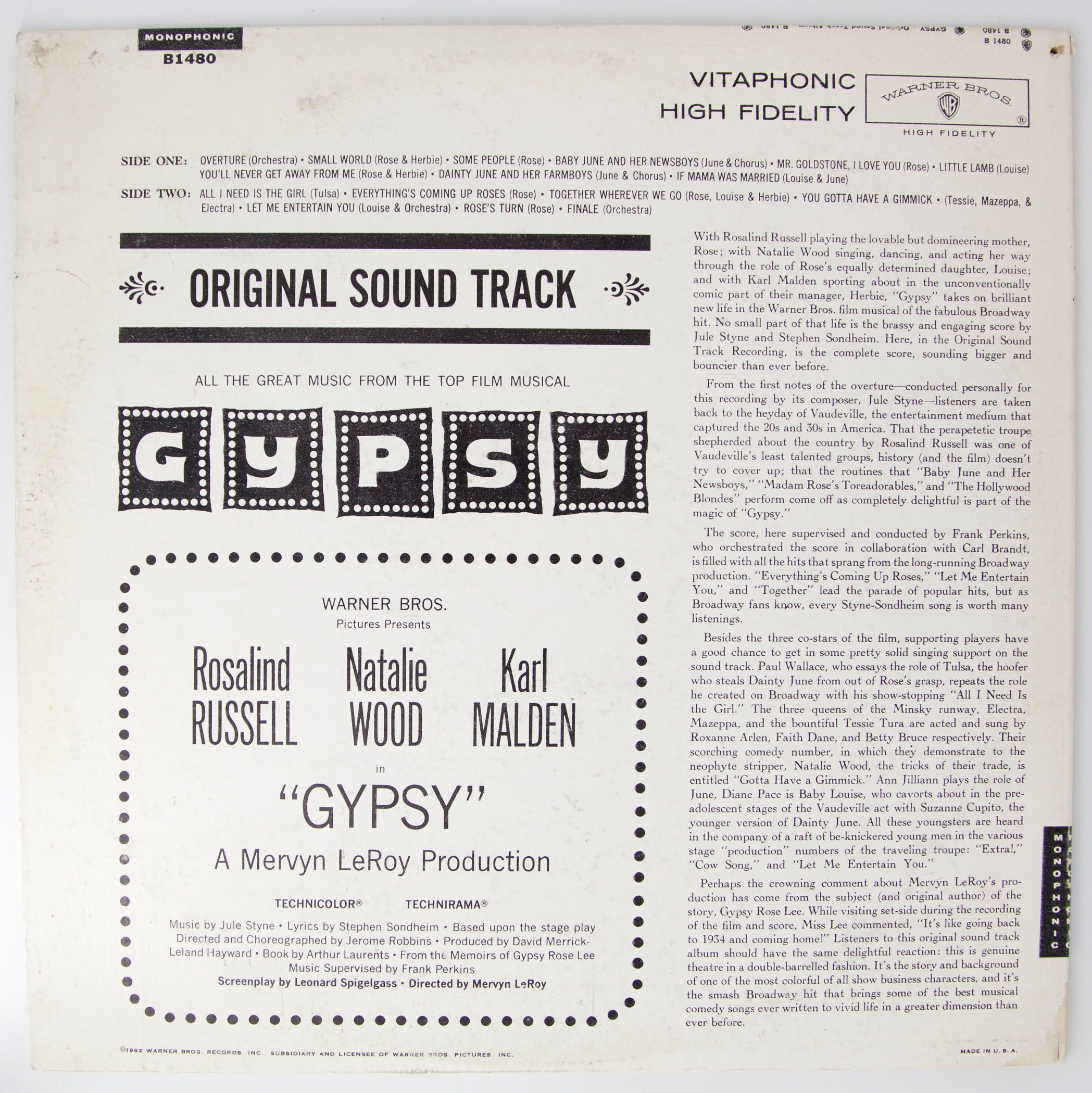 Gypsy Original Soundtrack Vintage LP Warner Bros. B1480 - Etsy