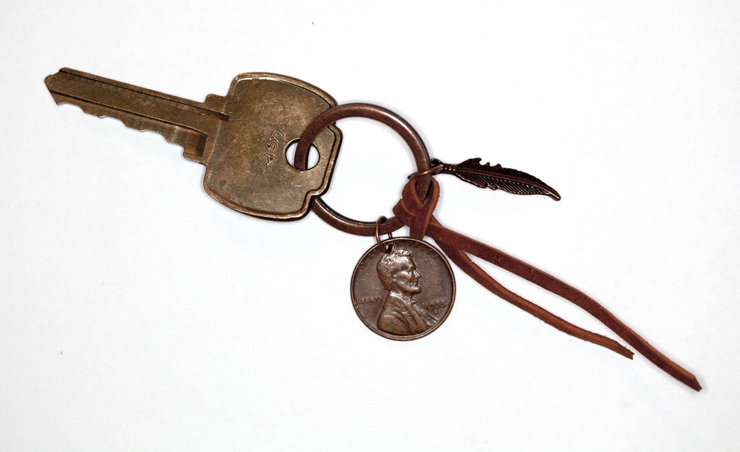 Custom Date, Antique Copper Key Ring W/ Lincoln Penny, Copper Feather ...