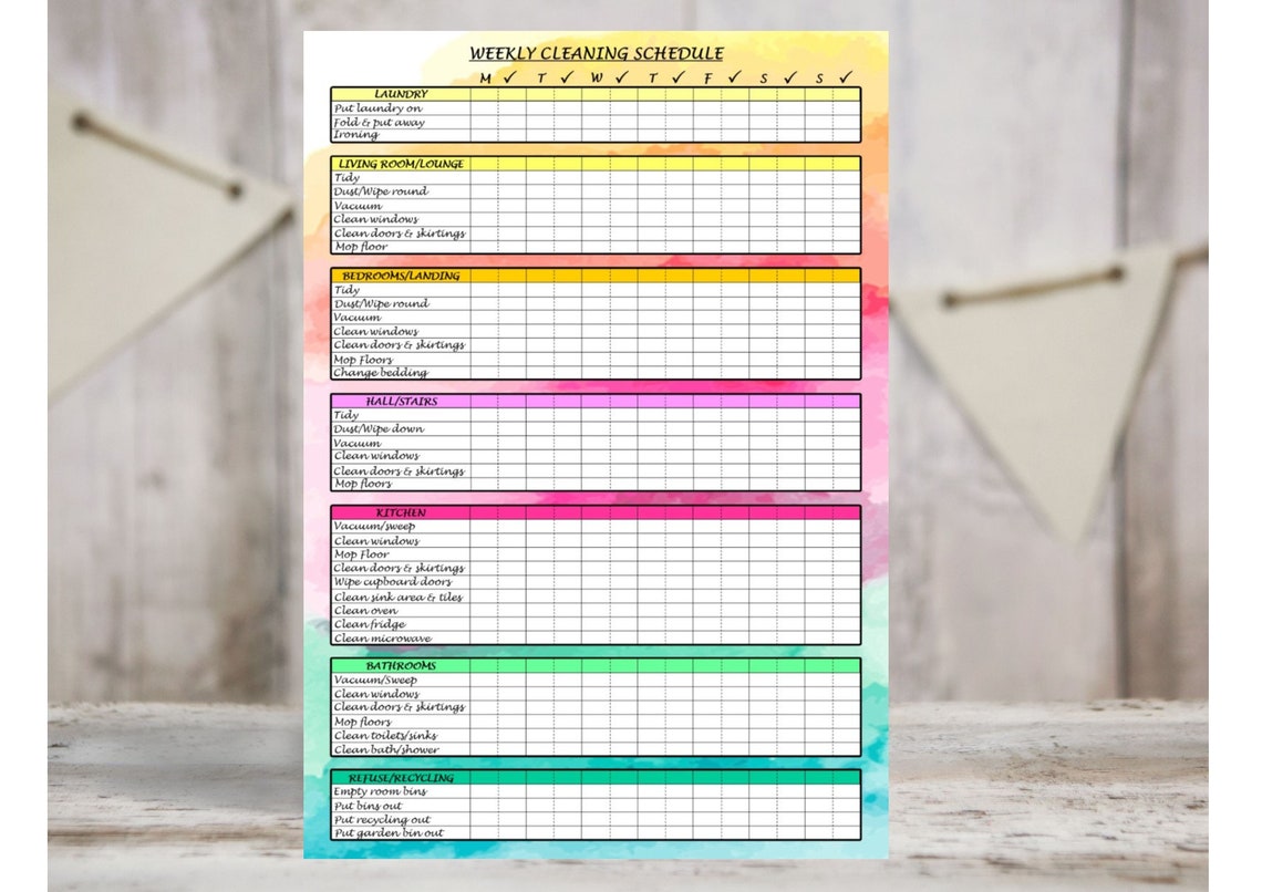 Weekly Cleaning Schedule A4, INSTANT DOWNLOAD, Cleaning Rota, Housework ...
