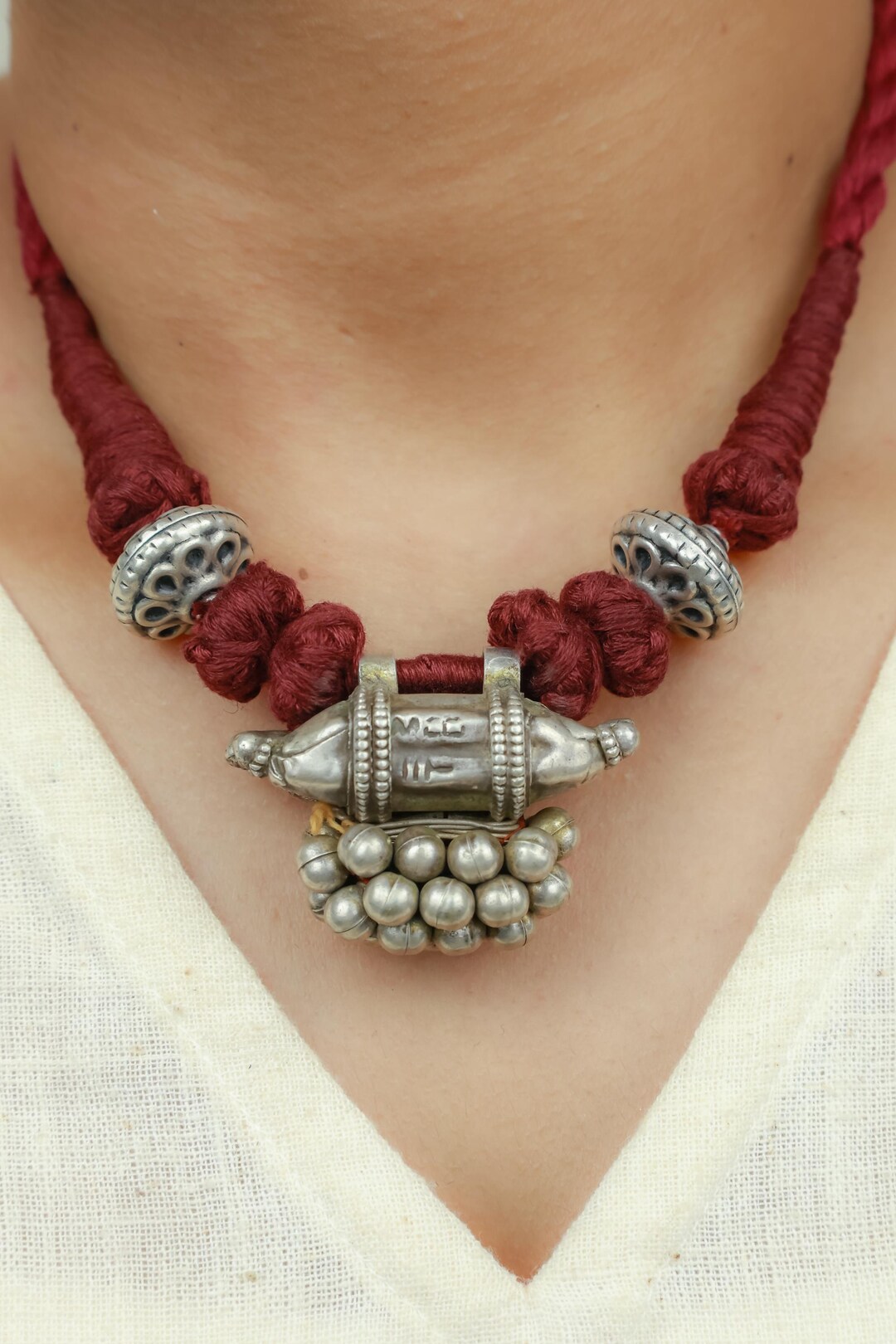 Oxidized Silver Cylinder Ghungroo Ball Pendant Maroon Silk Thread ...
