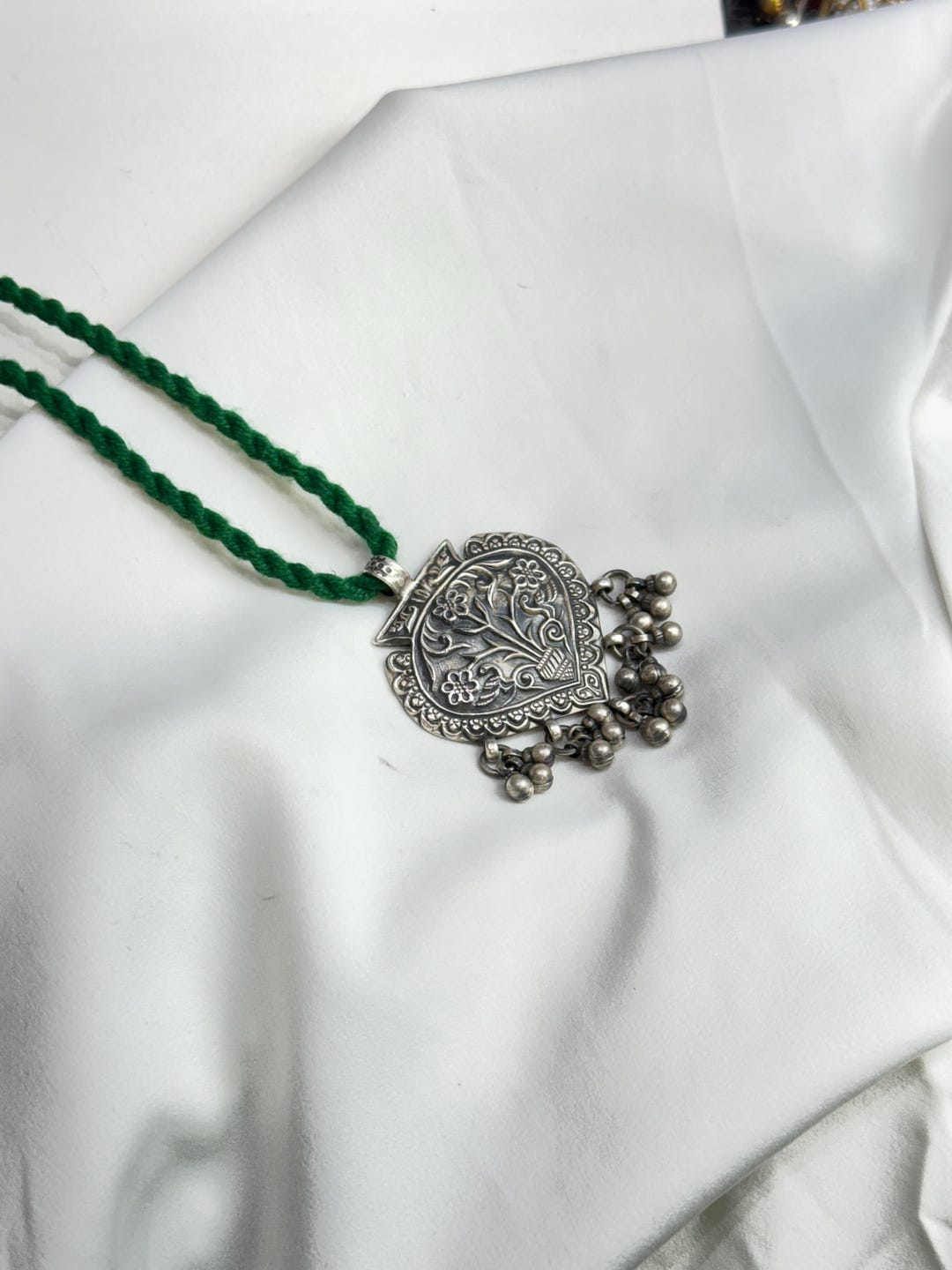 Oxidized Silver Floral Engraved Heart Pendant Necklace With Ghungroo ...