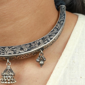 925 Silver Chitai Choker Necklace: Handcrafted Jhumka Pendant, Indian ...