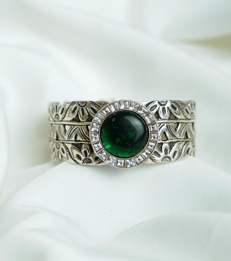 Oxidized Sterling Silver Floral Engraved Cuff Bracelet Large Green ...