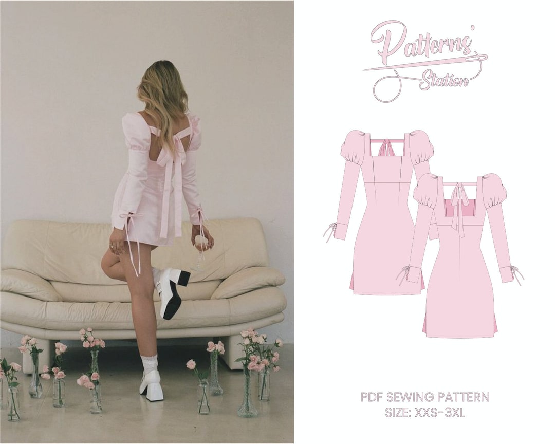 Juliet Mini Dress With Puff Sleeves and Tie Details - Instant Download ...