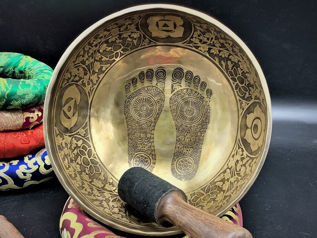 Gorgeous 12 Inch Lord Buddha Feet Engraved Singing Bowl, Tibetan ...