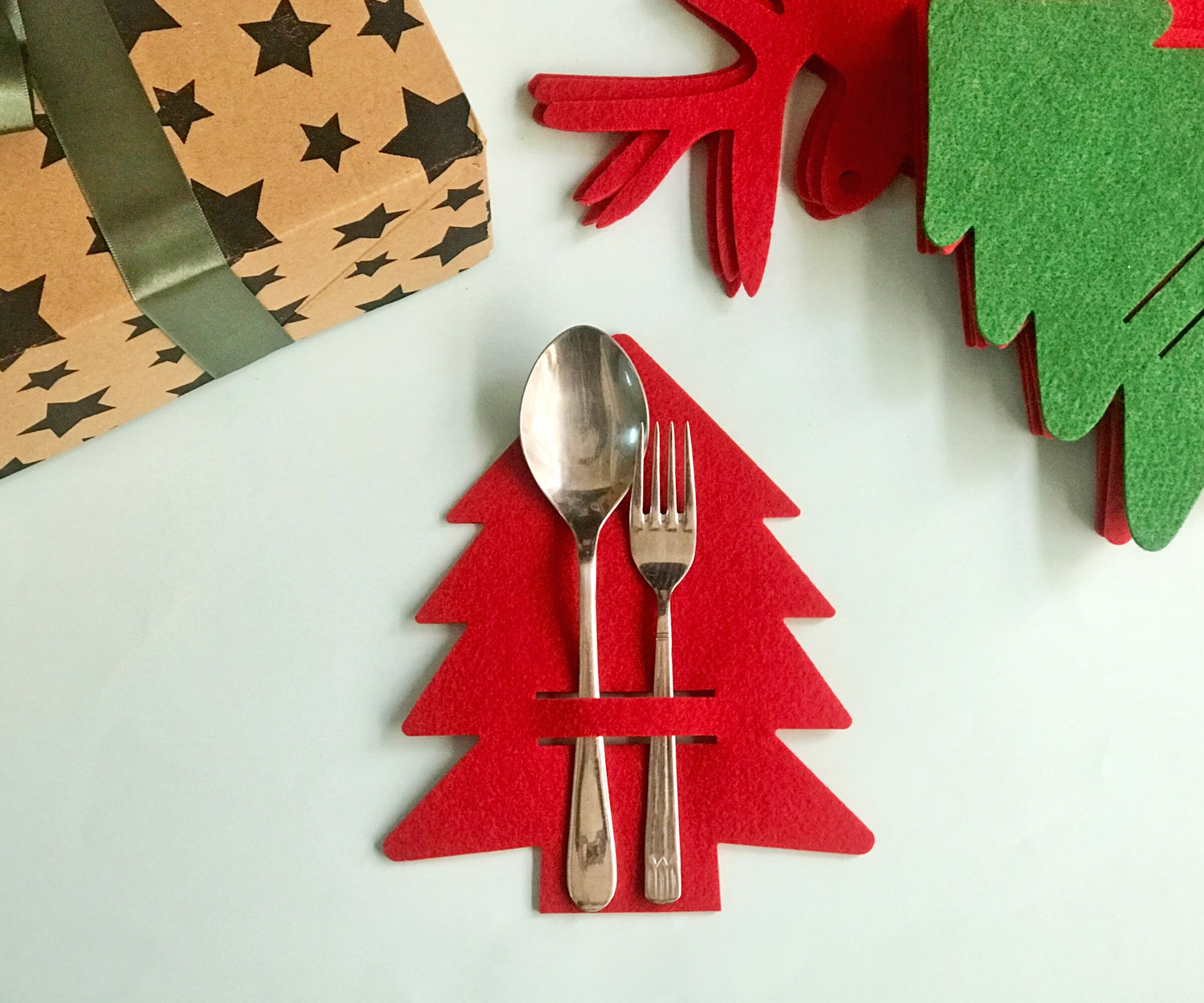 6 Pieces Decorative Pine Wood Cutlery Holder, Christmas Felt Cutlery ...