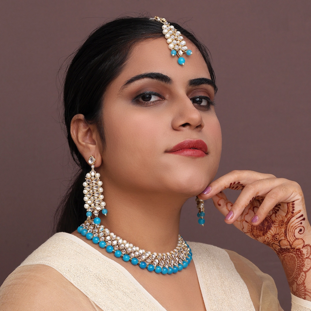 Firozi Color Traditional Kundan Gold Finish Necklace Set Indian ...