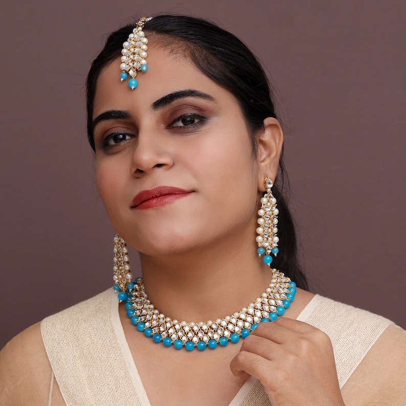 Firozi Color Traditional Kundan Gold Finish Necklace Set Indian ...