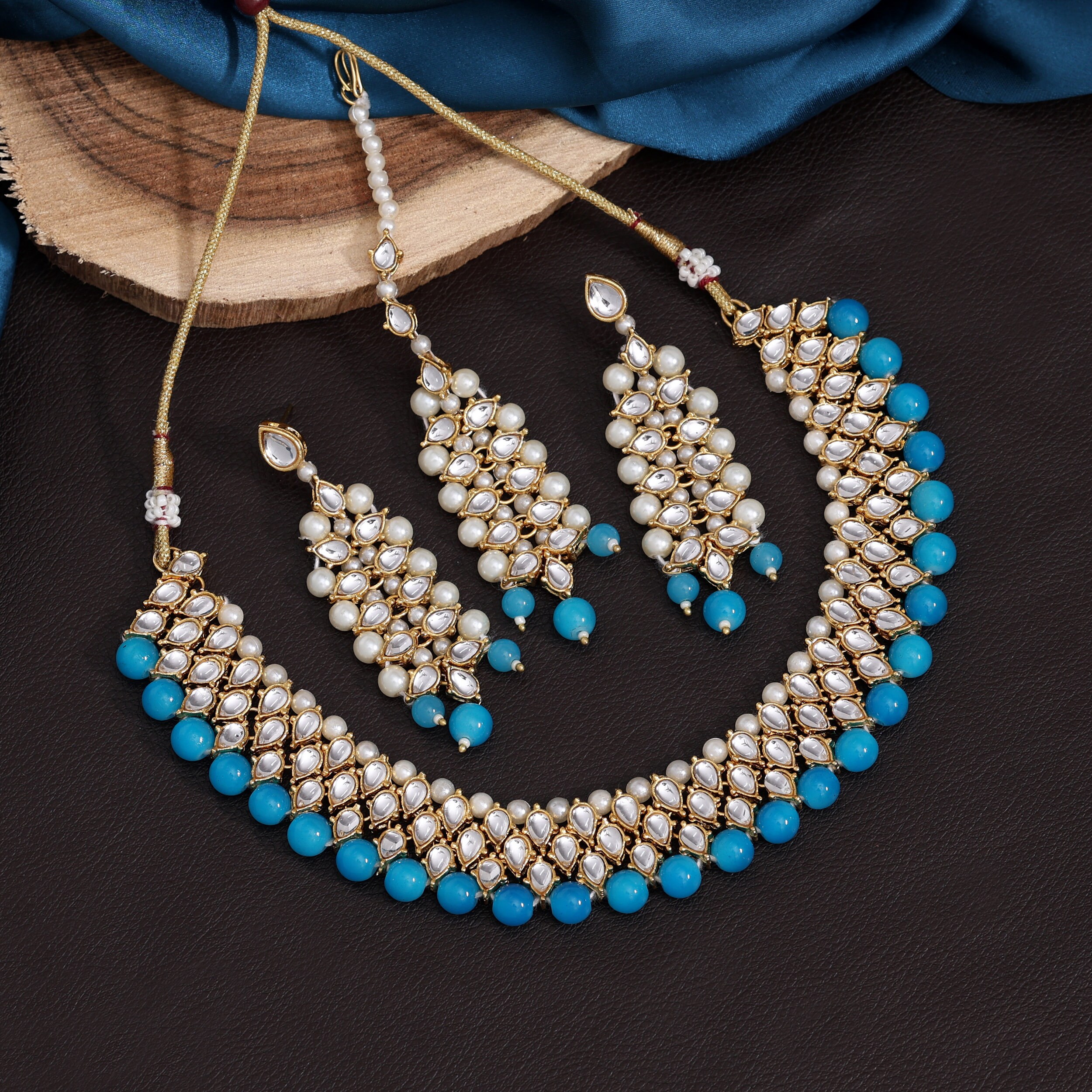 Firozi Color Traditional Kundan Gold Finish Necklace Set Indian ...