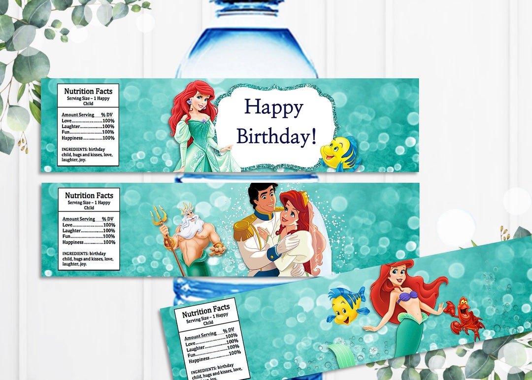 Mermaid Bottle Label, Princess Ariel Bottle Label, Water Bottle Label ...