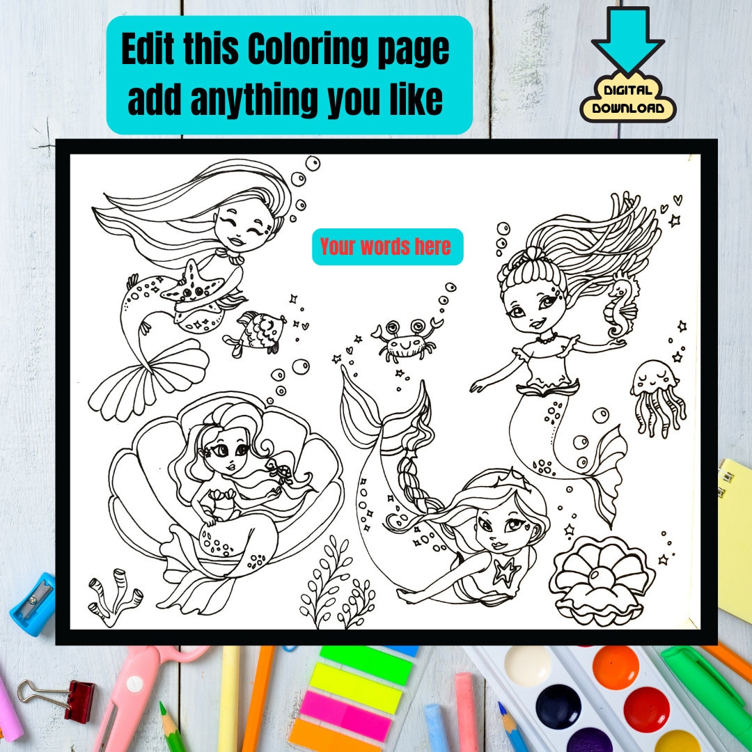 Coloring Page Editable Hand Drawn Digital Mermaid Party Under the Sea ...