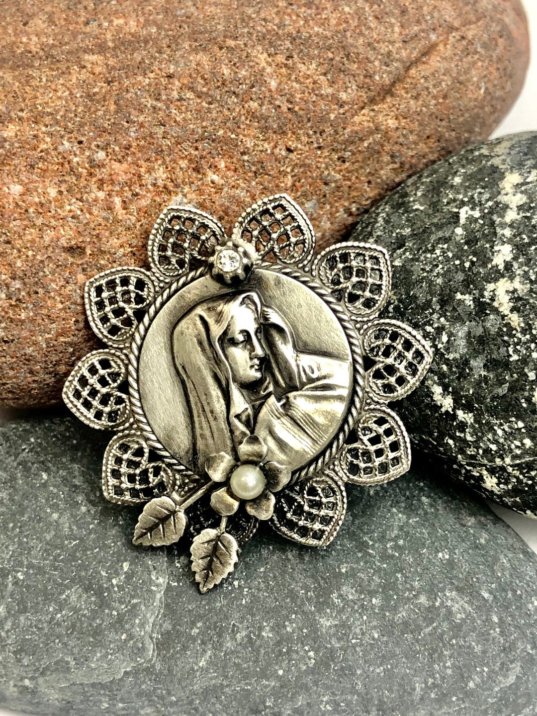Madonna Antique Silver Pin, Antique Silver Brooch, Religious Pins ...