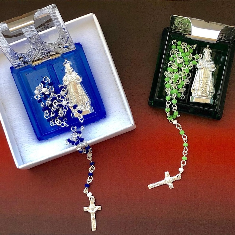 Double Glass Box With Mini Rosary and Mini Statue - Etsy