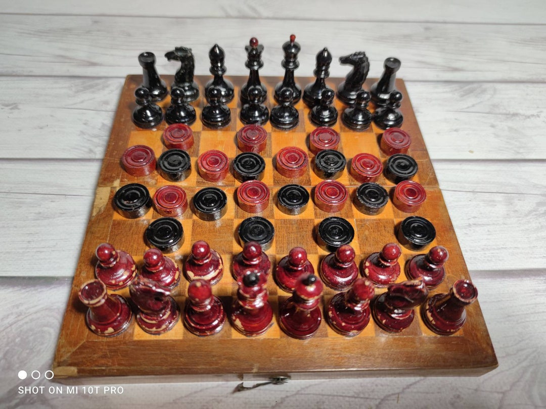 Soviet Travel Chess and Checkers Made of Wood Produced by the Krasny ...