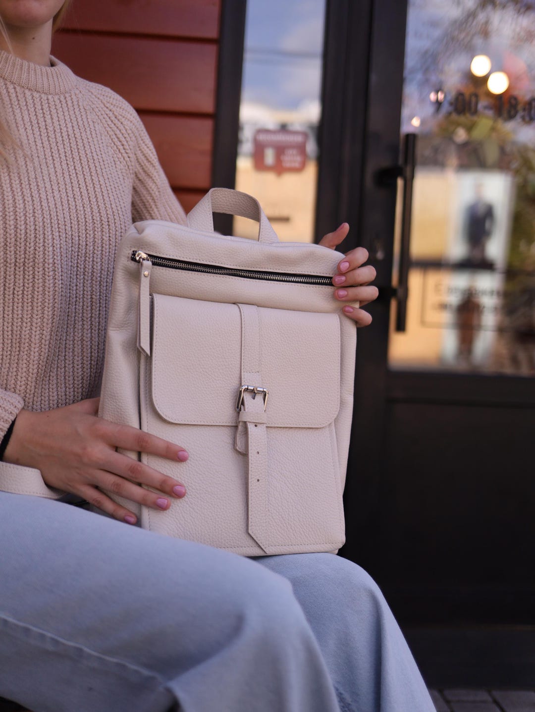 Beige Laptop Backpack for Women | Leather Rucksack for Travel, College ...