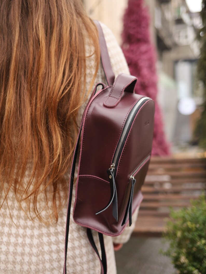 Burgundy Leather Backpack, Minimalist Bag, Real Leather Small Backpack ...
