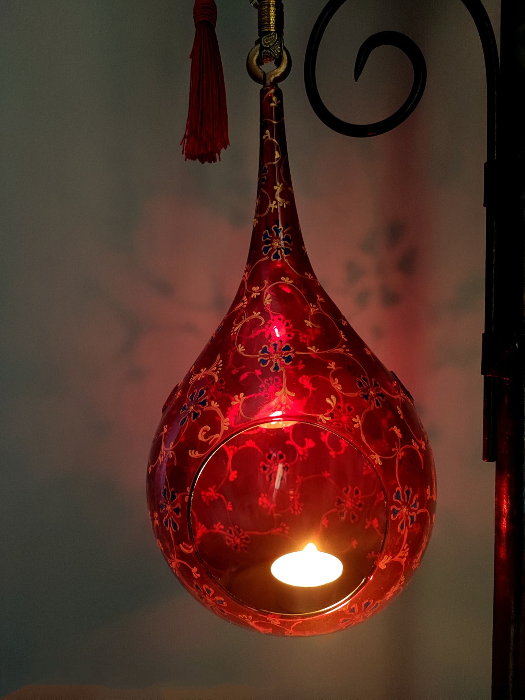 Red Drop Shape Lamp Hanging Tealight Lantern Hand Painted Pendant Light ...