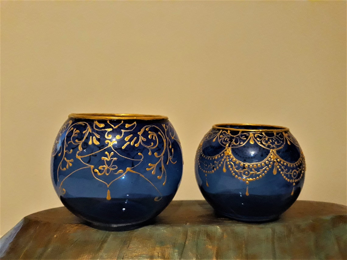 Cobalt Blue Round Shaped Glass Candle Bowl Hand Painted - Etsy