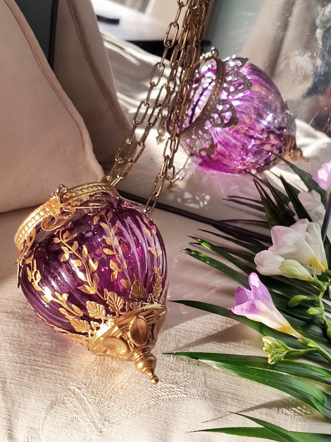 Bronze Scrollwork Tealight Lamp - Lilac Glass Hanging Lantern ...