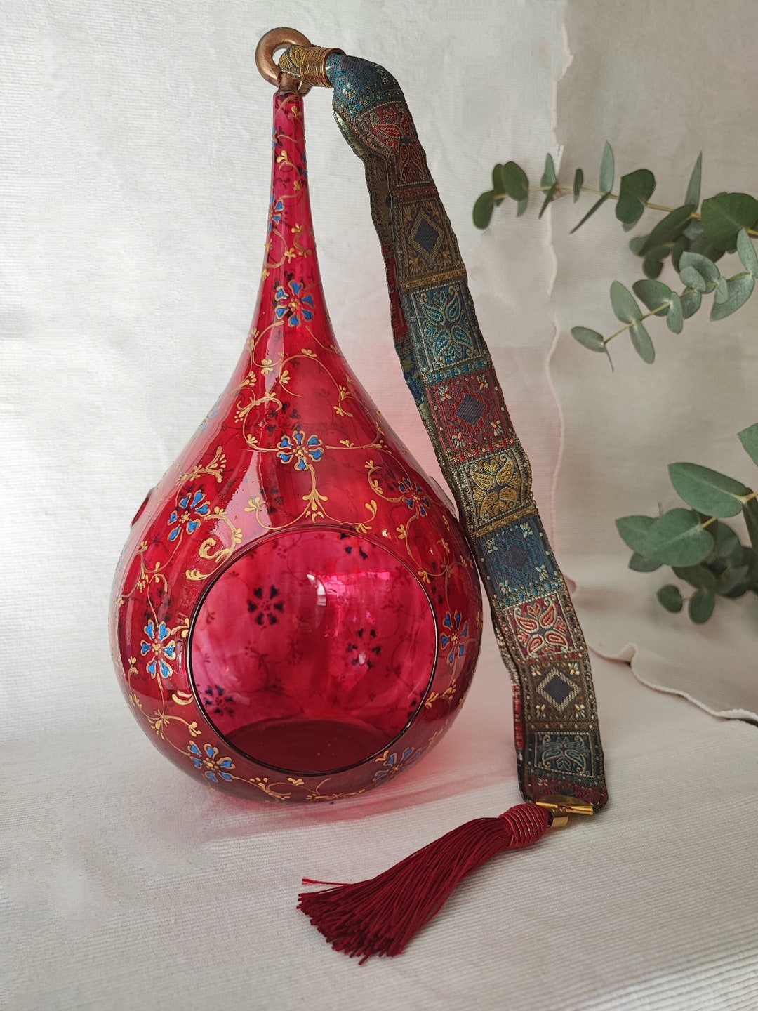 Red Drop Shape Lamp - Hanging Tealight Lantern - Hand Painted Pendant ...