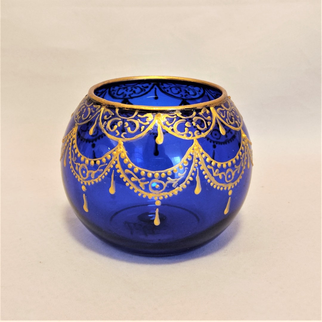 Cobalt Blue Round Shaped Glass Candle Bowl Hand Painted - Etsy