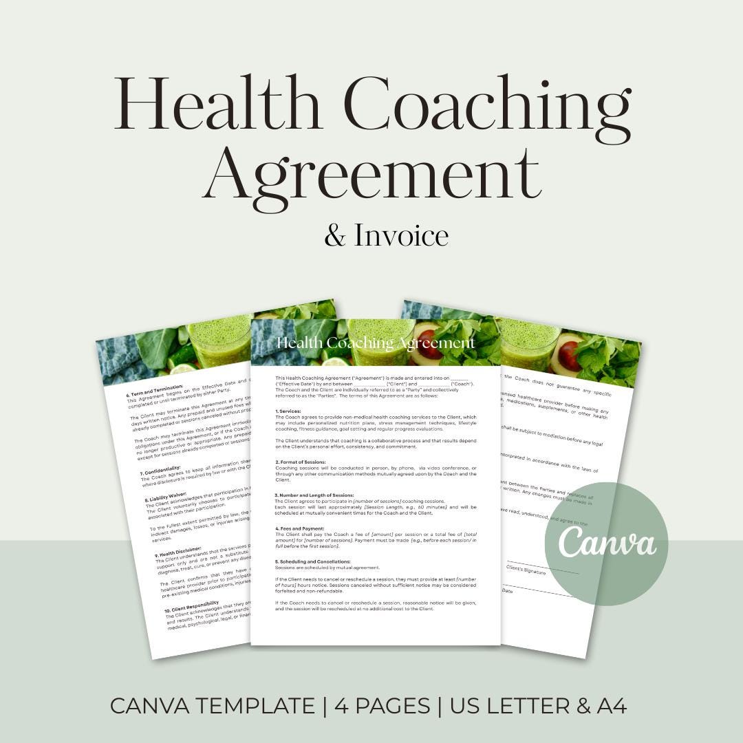 Health Coach Client Agreement & Invoice Template | Editable in Canva ...