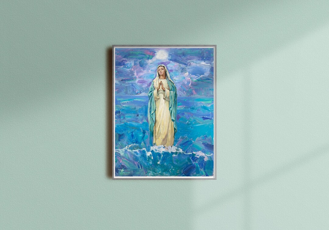 Blue Beige Virgin Mary Digital Art, Star of the Sea Picture, Catholic ...
