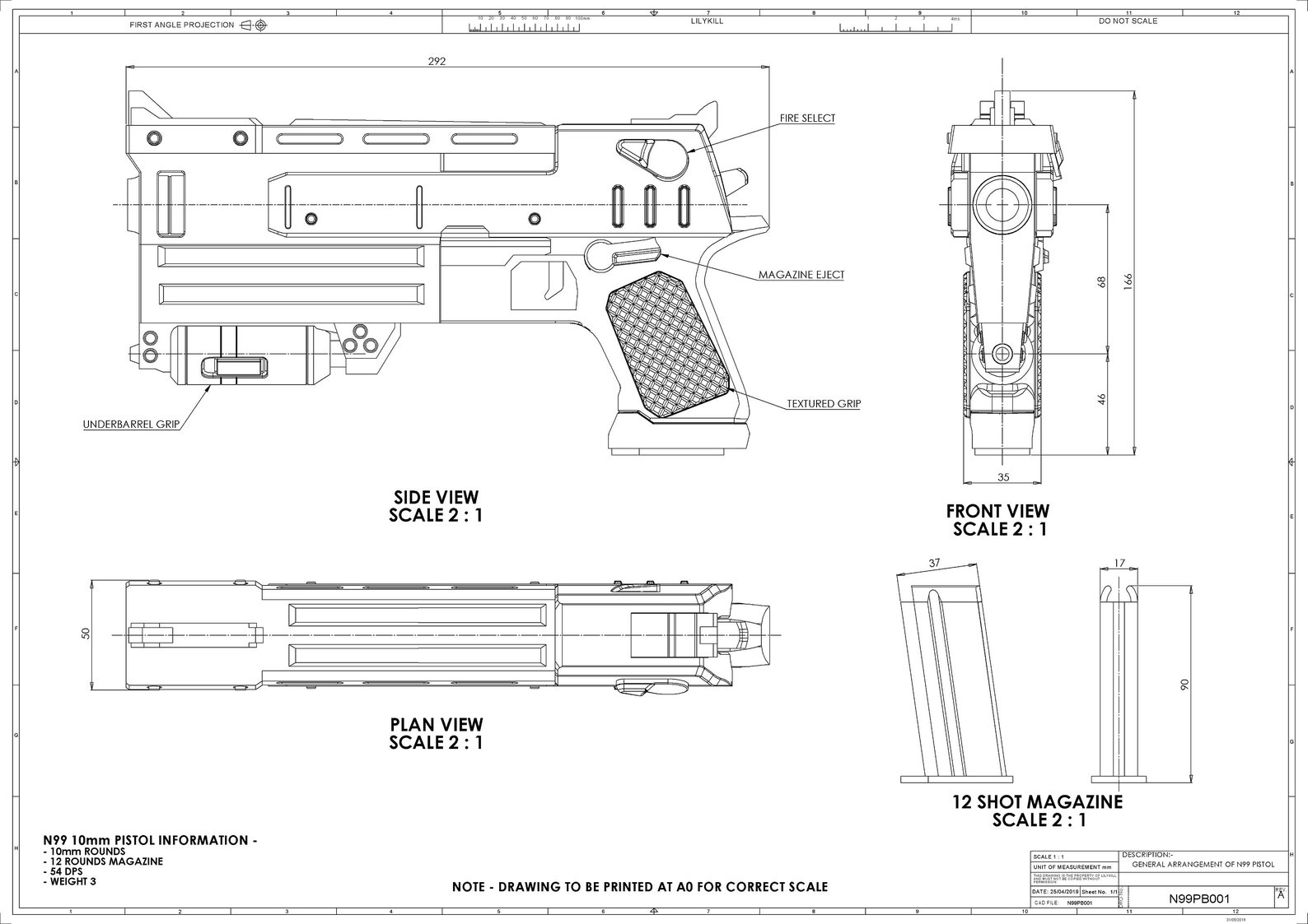 Fallout 3 Inspired 10mm Pistol Technical Drawing Digital File (Instant ...