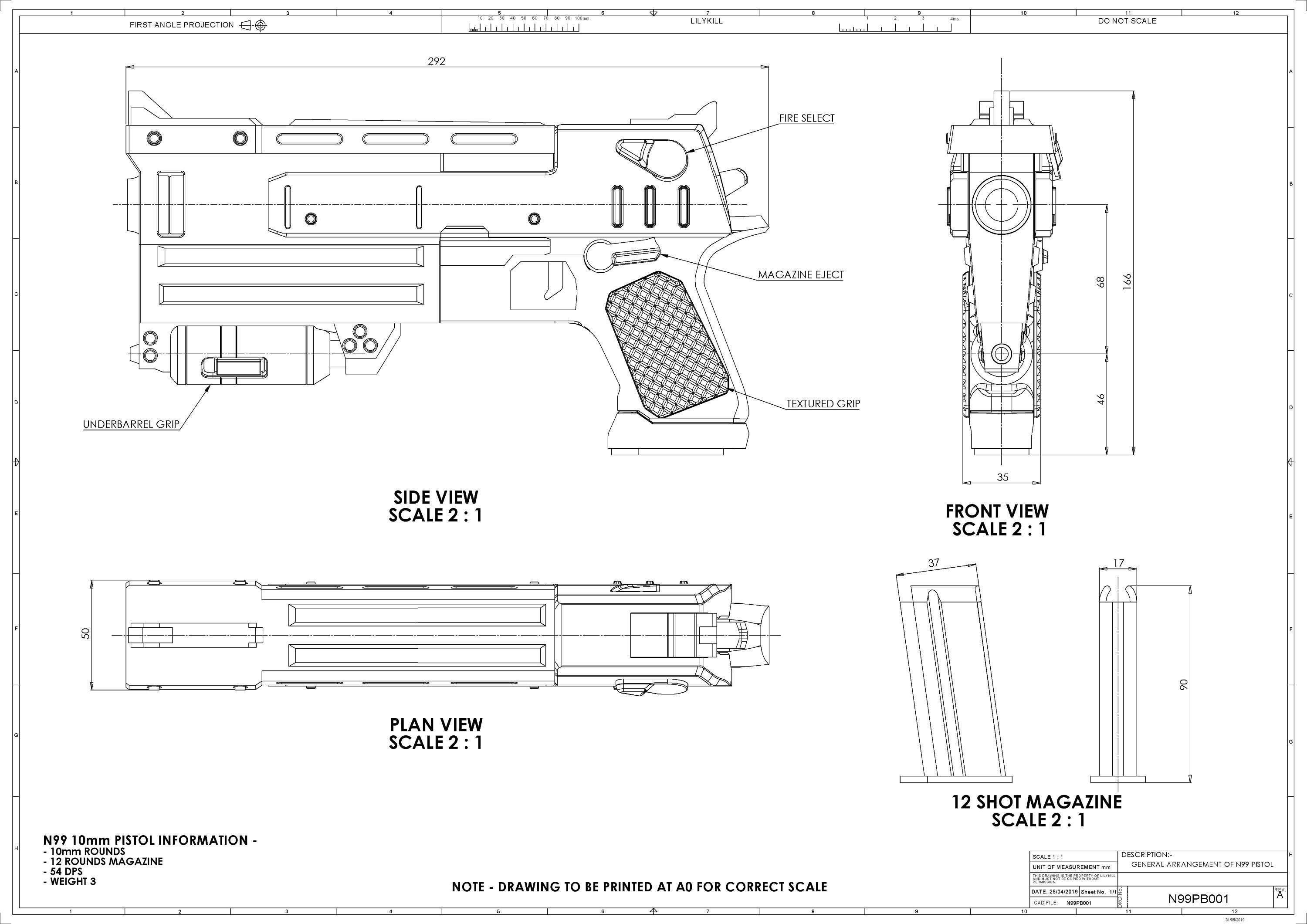 Fallout 3 Inspired 10mm Pistol Technical Drawing Digital File (Instant ...
