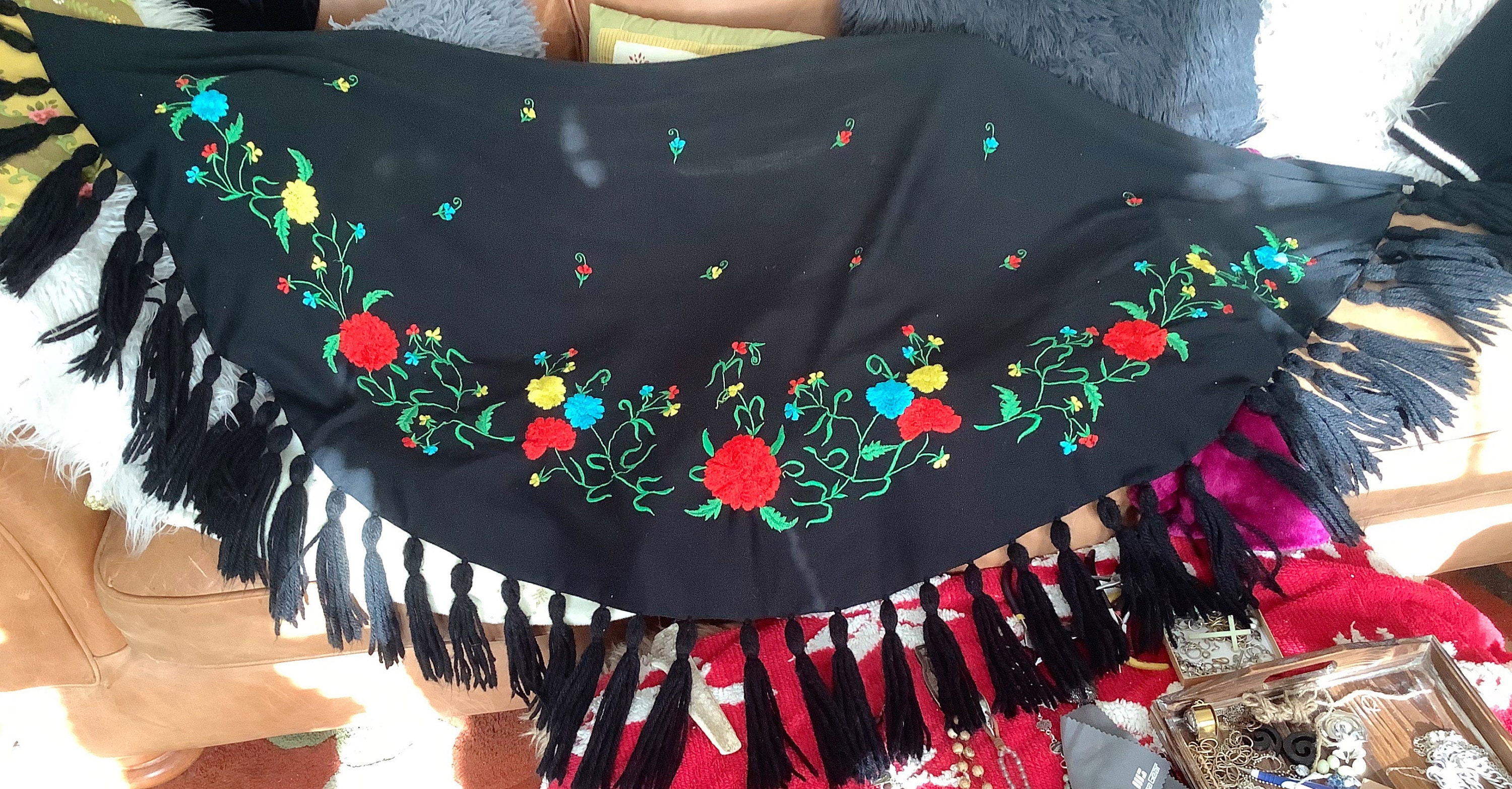 Western Equestrian Black Fringed Bright Colored Floral Embroidered ...