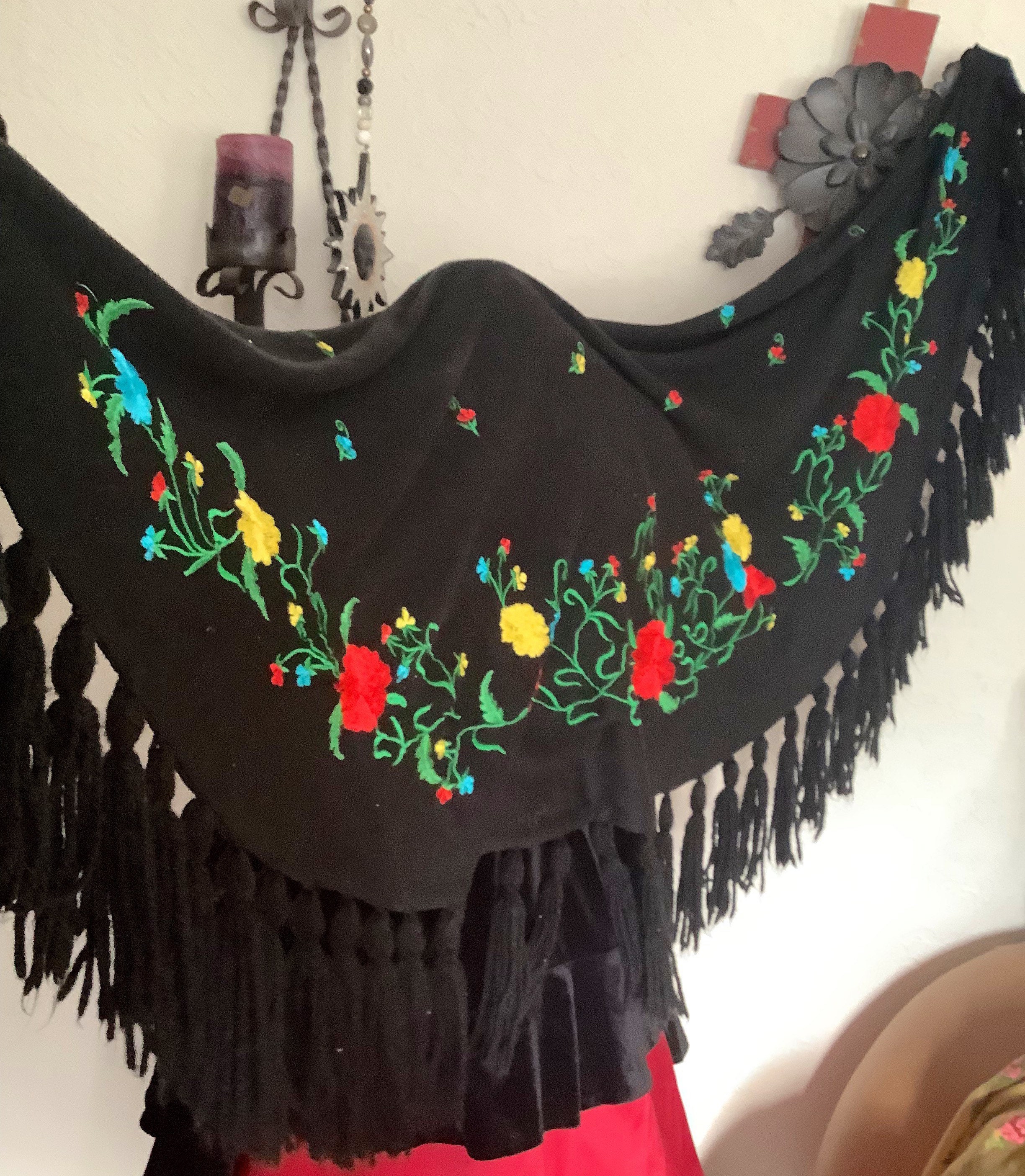 Western Equestrian Black Fringed Bright Colored Floral Embroidered ...