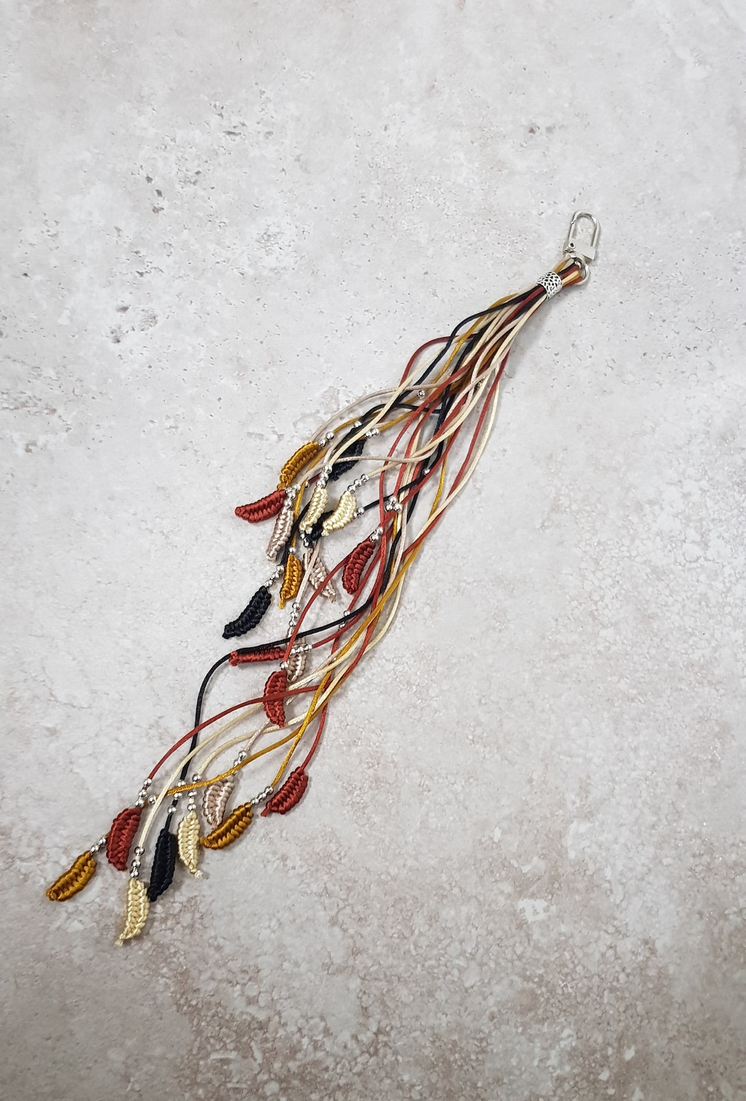 Long Boho Fall Bag Charm, Brown Beaded Macrame Fringe Purse Tassel ...
