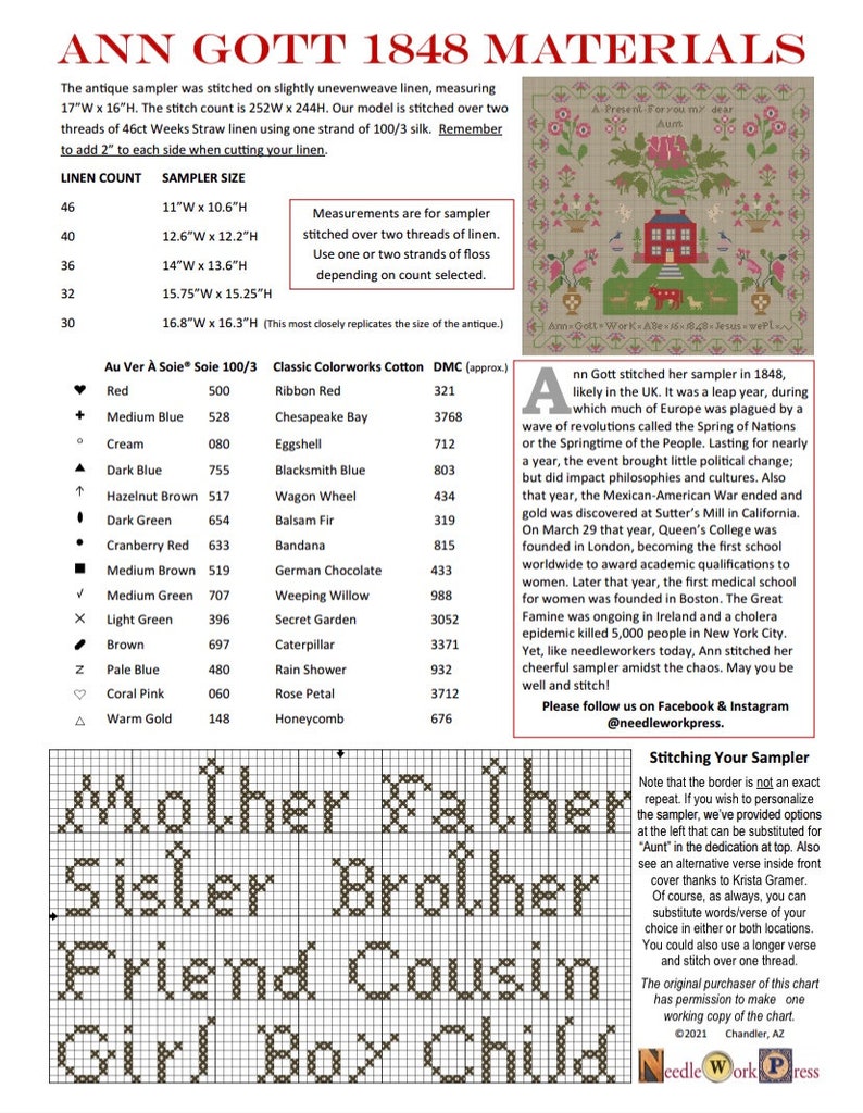 Ann Gott 1848 Cross Stitch Chart by Needlework Press - Etsy