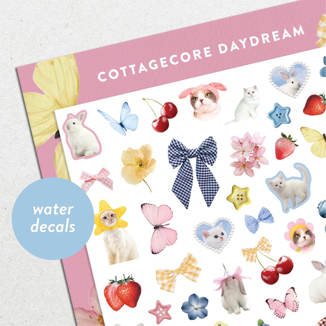 Waterslide Nail Decals: Cottagecore Daydream Cute Cats Bunnies Gingham ...