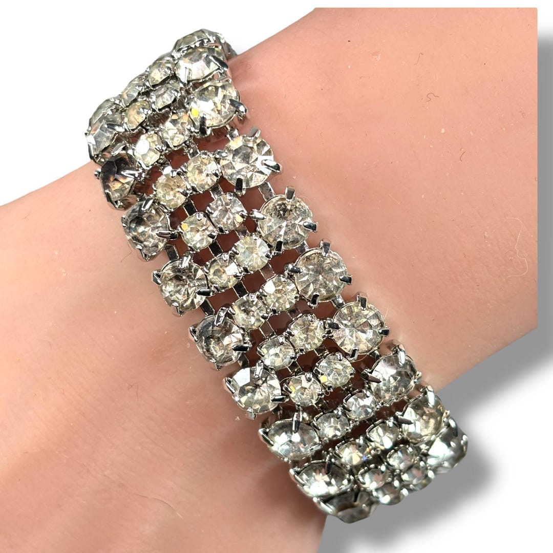 Vintage Weiss 6.5" Silver Tone Acrylic Rhinestone Cuff Bracelet With ...