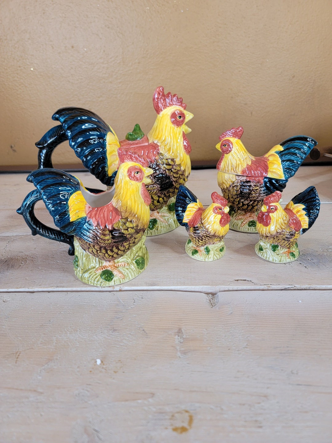 Vintage 7 Piece Rooster Tabletop Set Tea Pot Set Sugar and Creamer Set ...