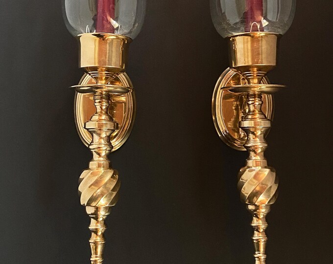 Vintage Brass Wall Candle Sconces With Hurricane Shades. - Etsy