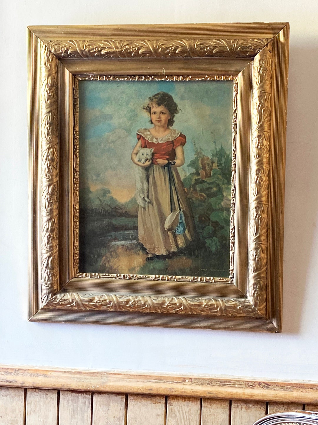Jane Freeman chums, Antique Lithograph, Girl With Kitten. Framed 31 X ...