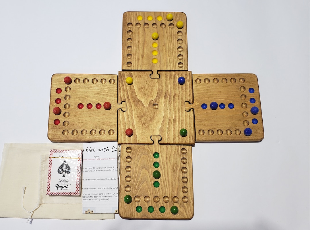 Marbles With Cards Board Game: Wood, Golden Oak Stain, 2-4 Players ...