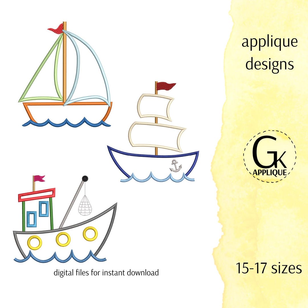 Boat Applique Designs - a Set of Three Designs. Machine Embroidery ...