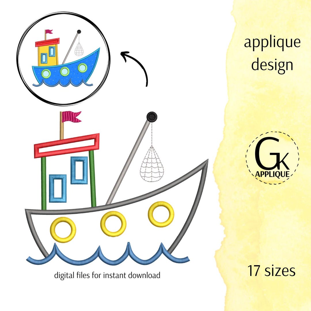 Fishing Applique Design. Boat Applique Pattern. Sea Applique. Machine ...
