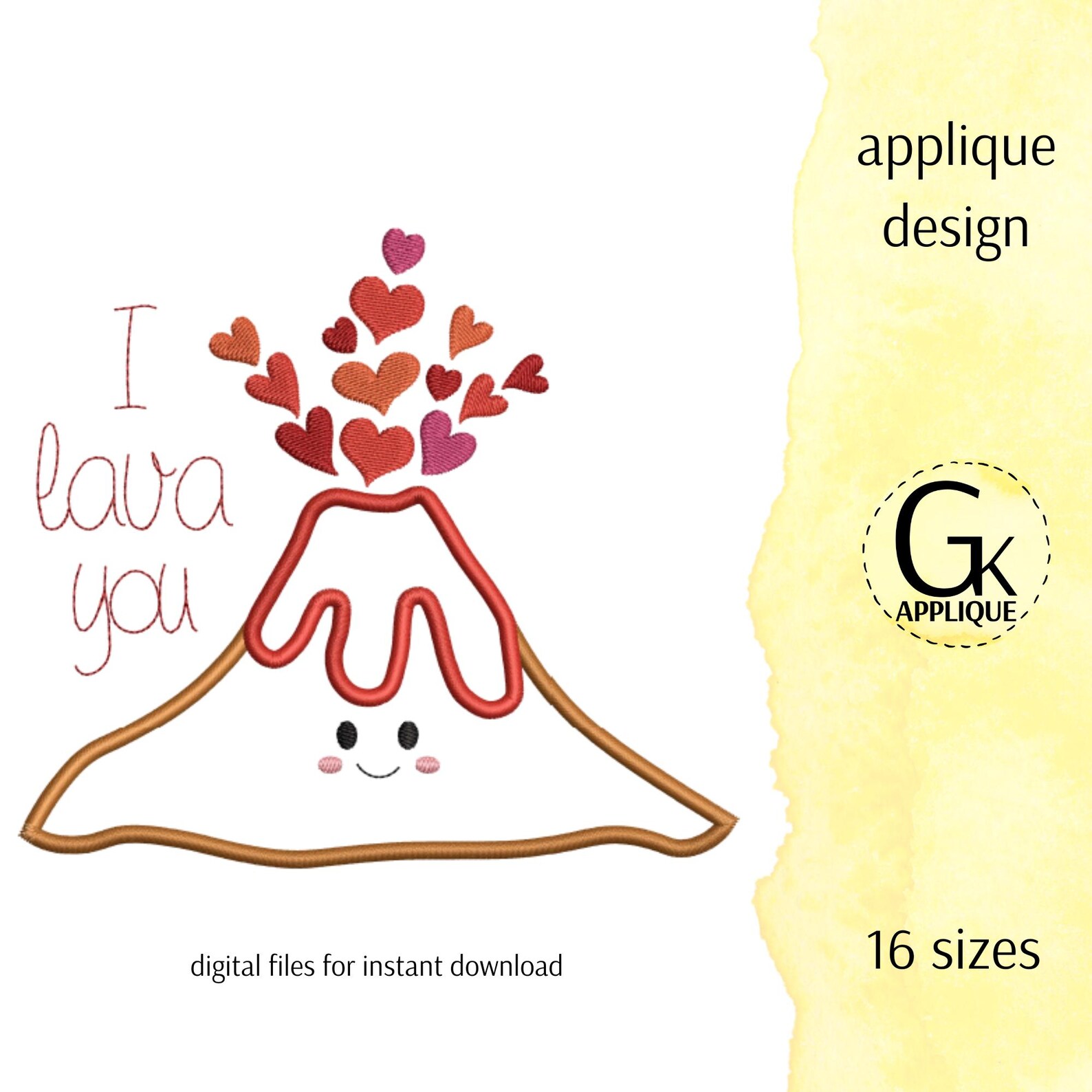 Volcano - I Lava You - Applique Pattern. Love Applique Design. 16 Sizes ...